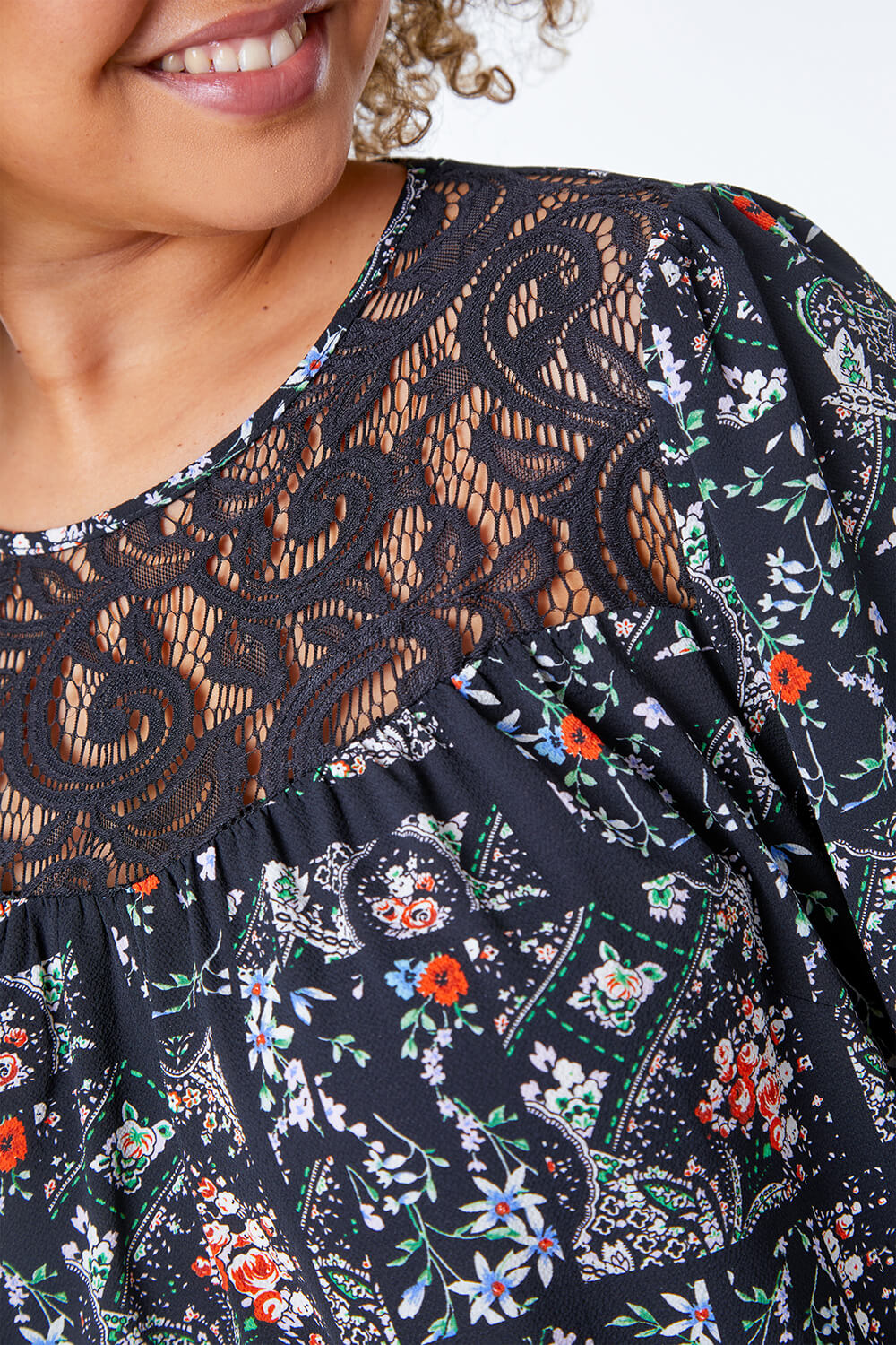 Black Curve Floral Lace Stretch Top | Roman UK