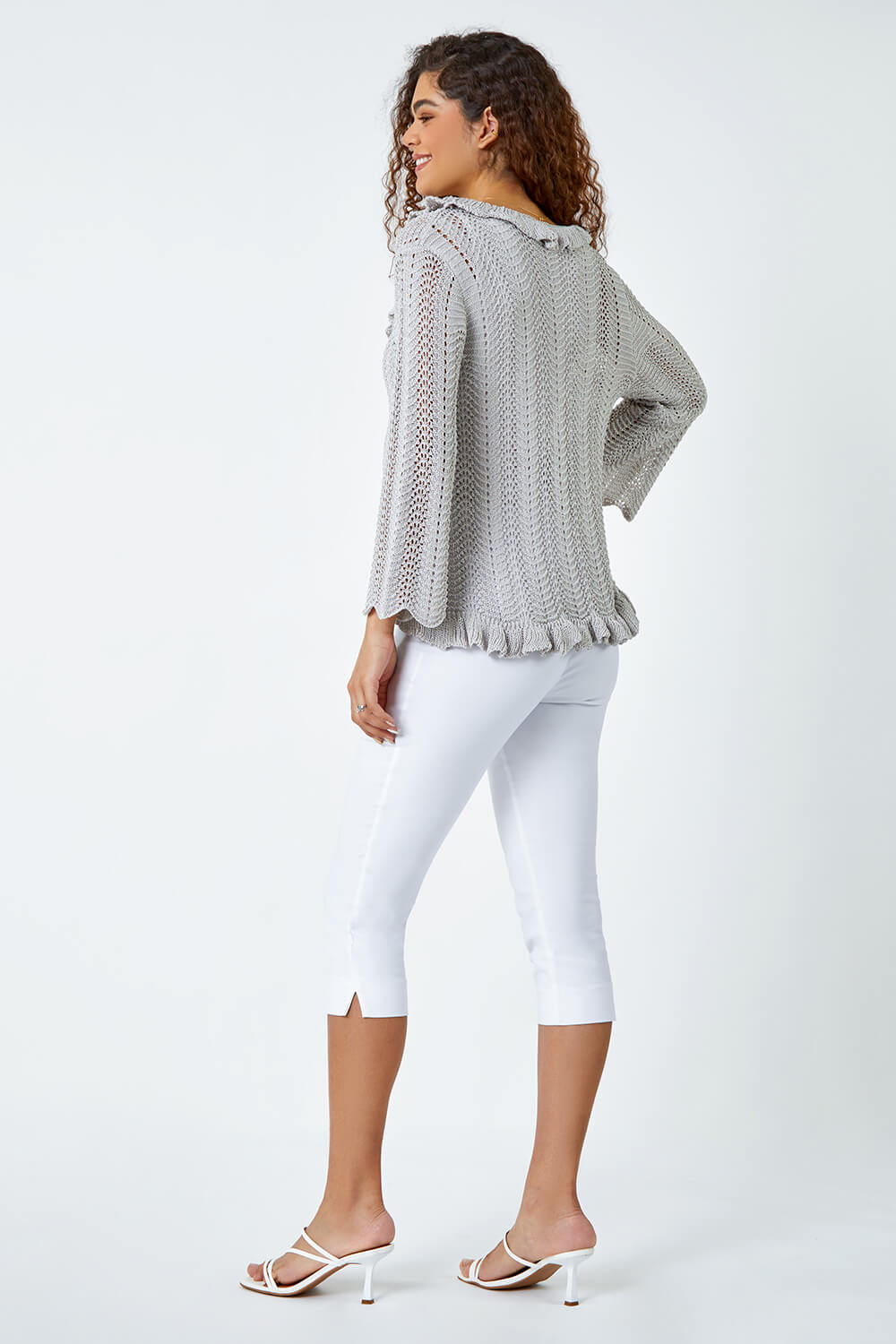 Silver Pointelle Knit Frill Trim Cardigan | Roman UK
