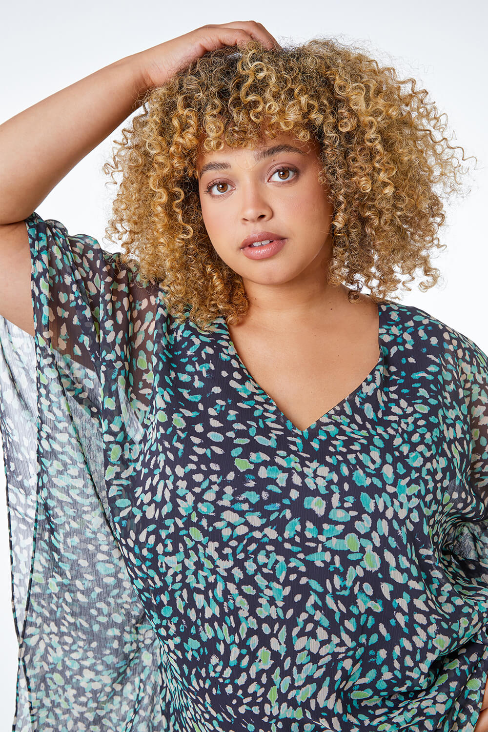 Curve Ditsy Print Chiffon Top in Green - Roman Originals UK