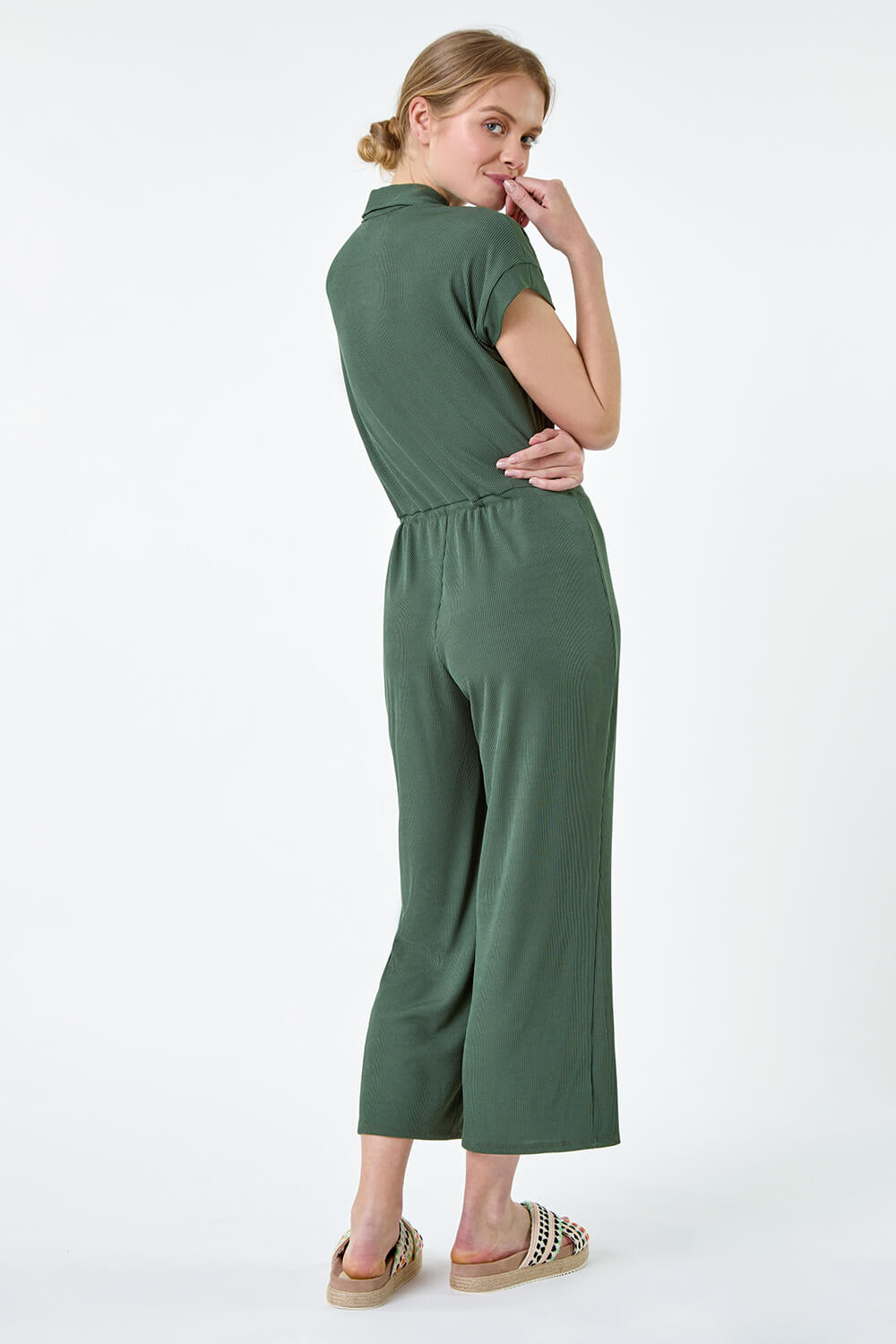 Khaki Plain Ribbed Stretch Jersey Jumpsuit | Roman UK