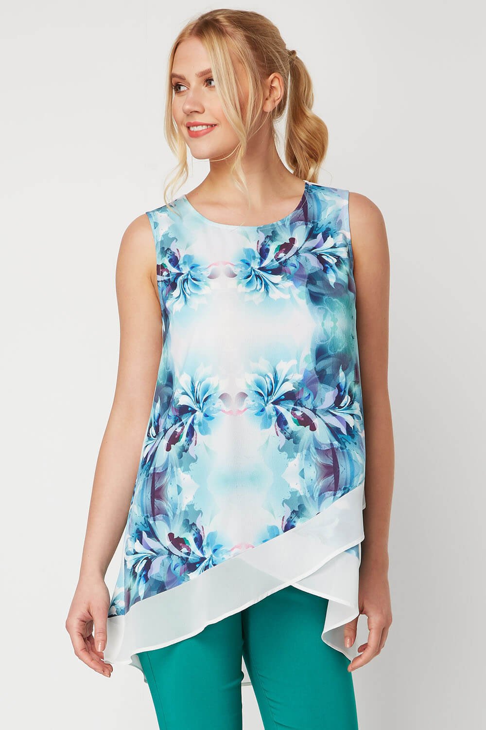 Floral Sleeveless Cross Over Top in Mint - Roman Originals UK