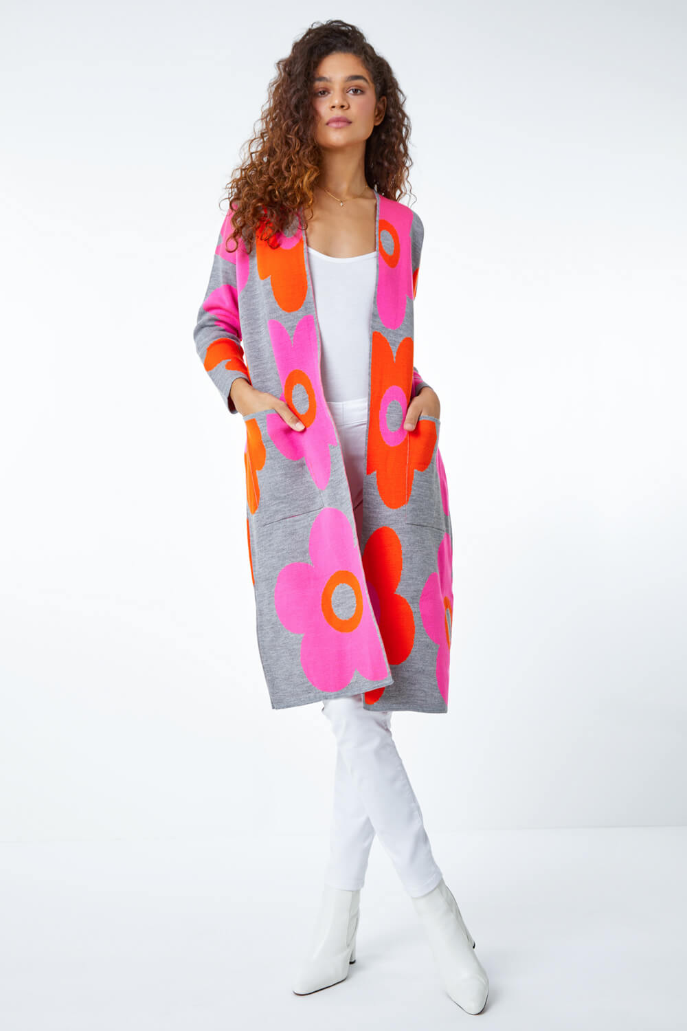 Floral Print Longline Coatigan in Grey - Roman Originals UK