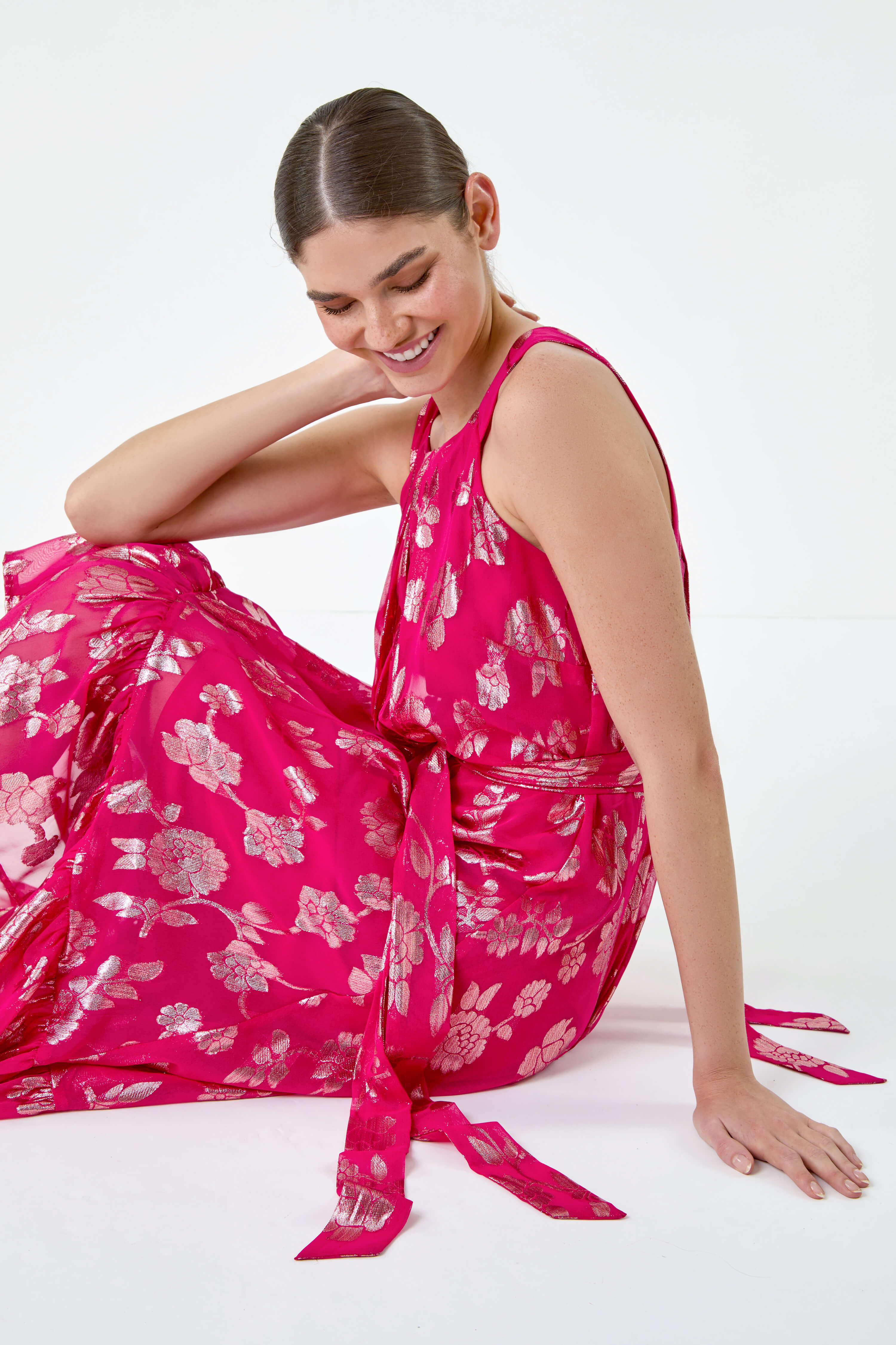 Fuchsia Metallic Floral Halter Neck Midi Dress | Roman UK