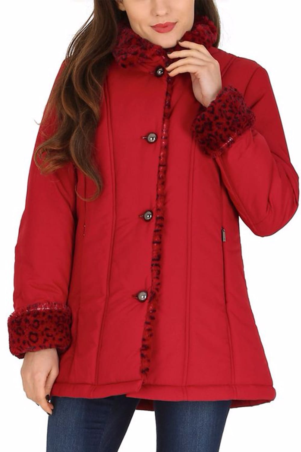 David Barry Faux Fur Trim Padded Coat in Red - Roman Originals UK