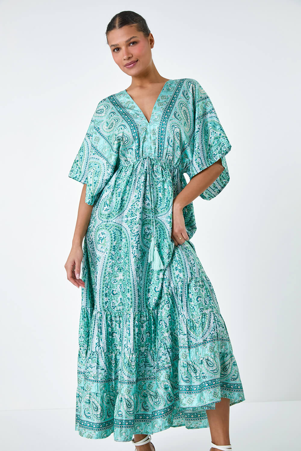 Green Tie Back Tassel Detail Tiered Dress | Roman UK