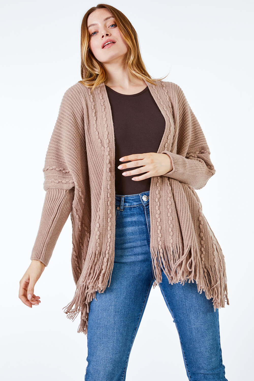 Textured Fringed Cardigan in Mocha - Roman Originals UK