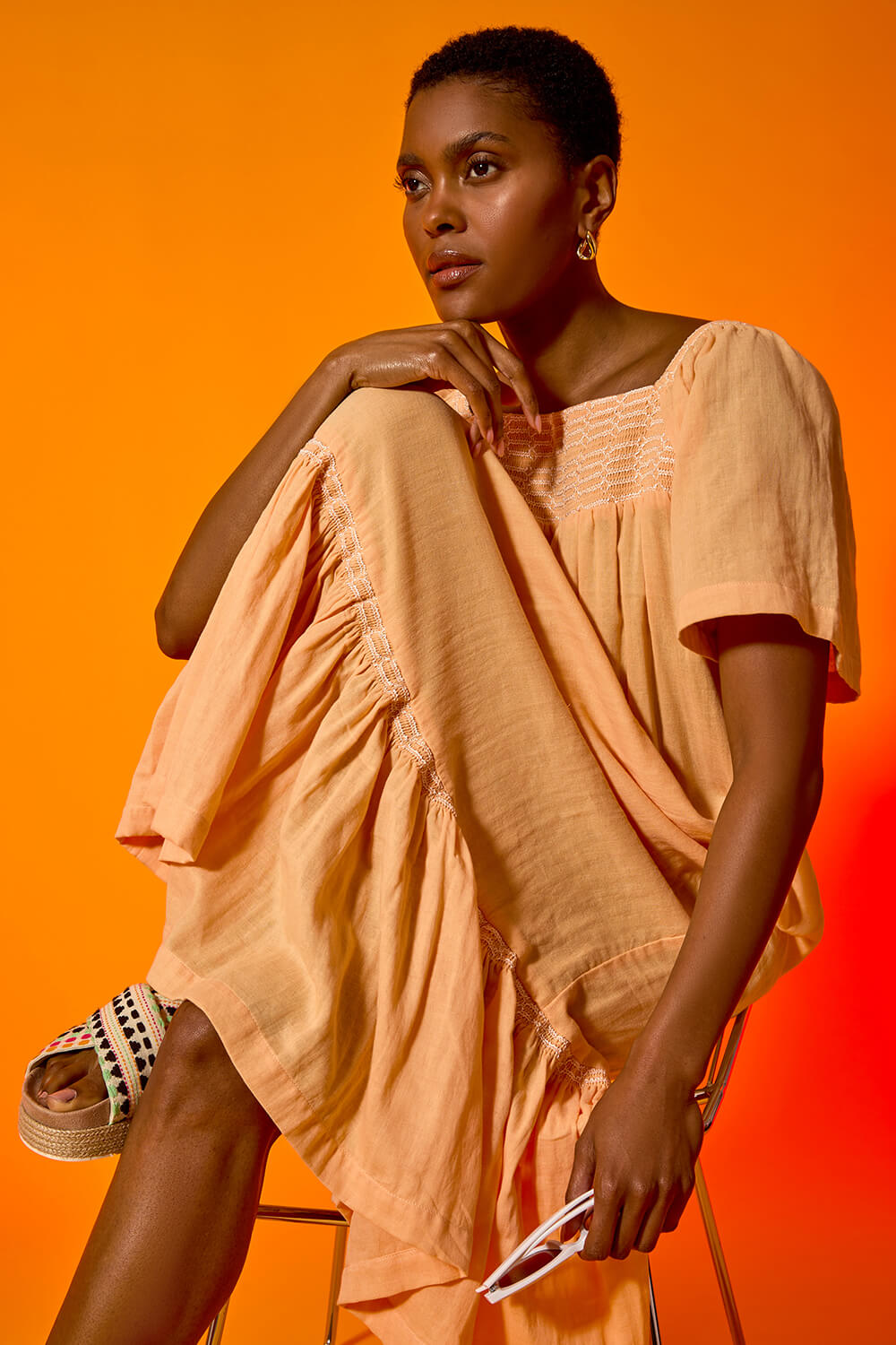 Orange Embroidered Cotton Midi Smock Dress | Roman UK