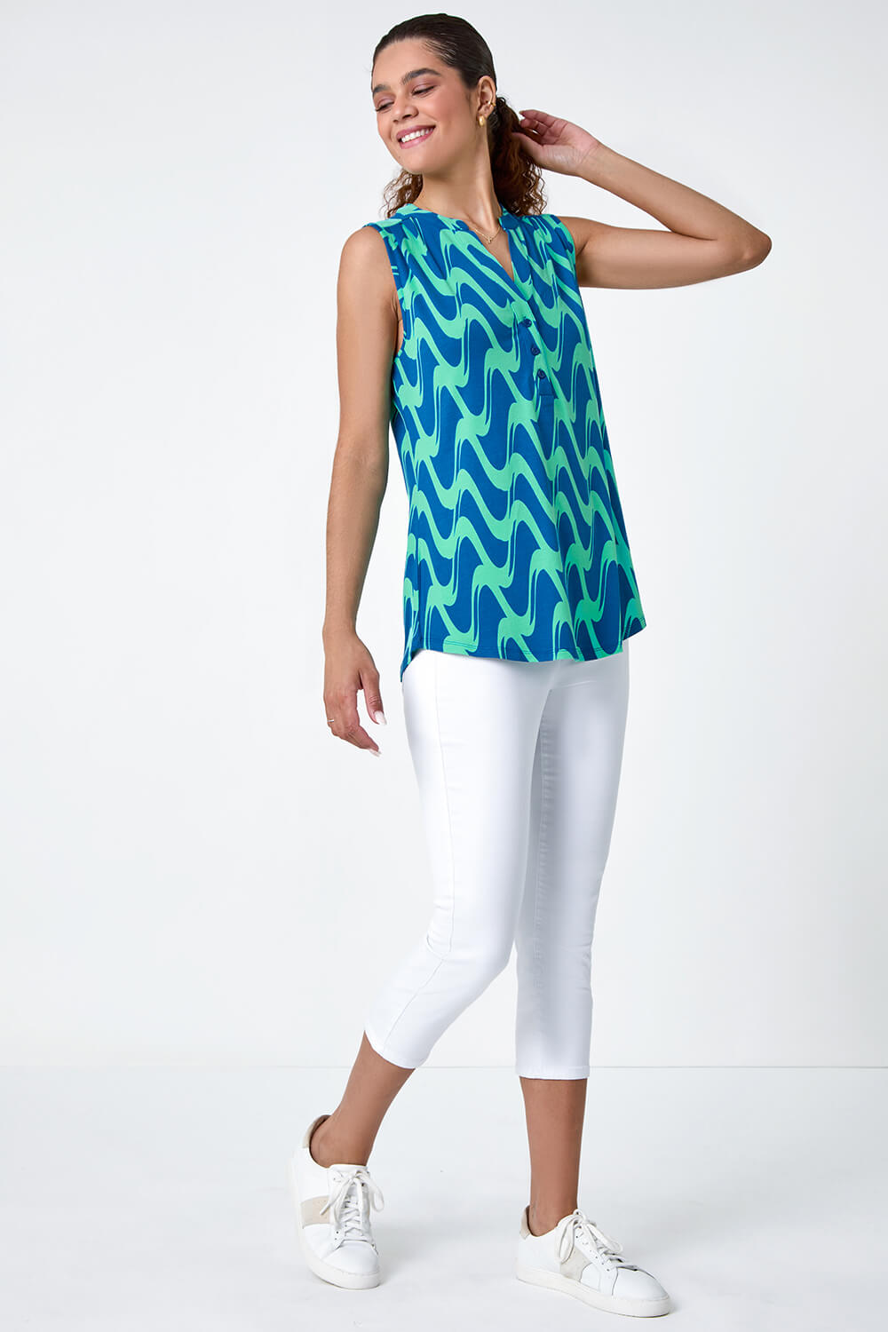Turquoise Wave Print Button Sleeveless Top | Roman UK