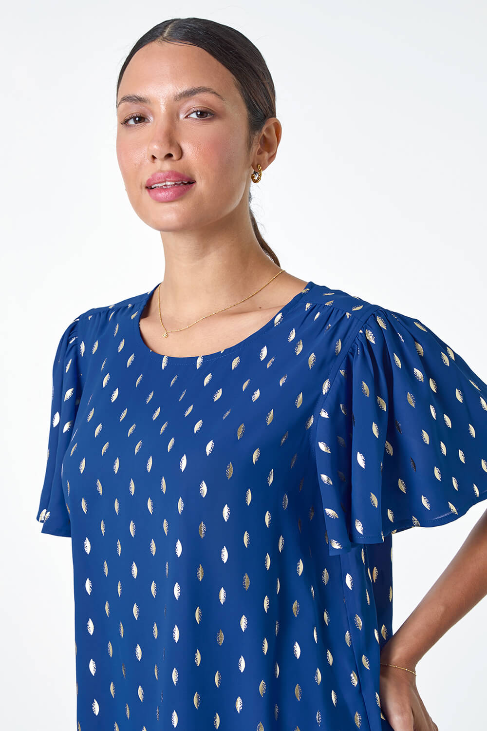 Royal Blue Metallic Foil Spot Print Top | Roman UK