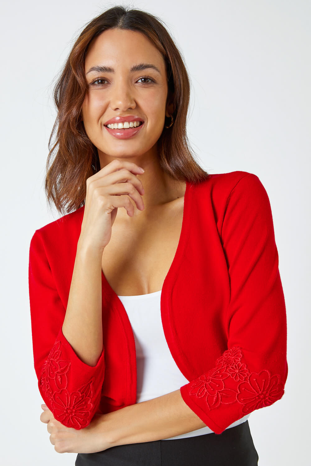 Red Floral Lace Trim Knitted Bolero | Roman UK