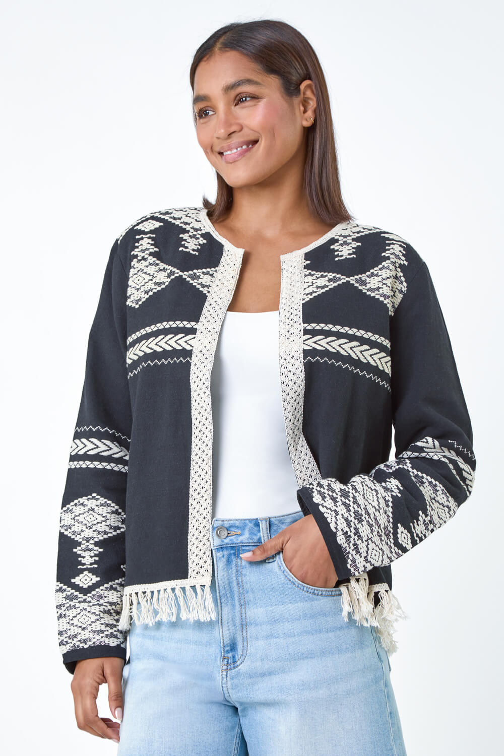 Black Cotton Blend Aztec Fringe Detail Jacket | Roman UK