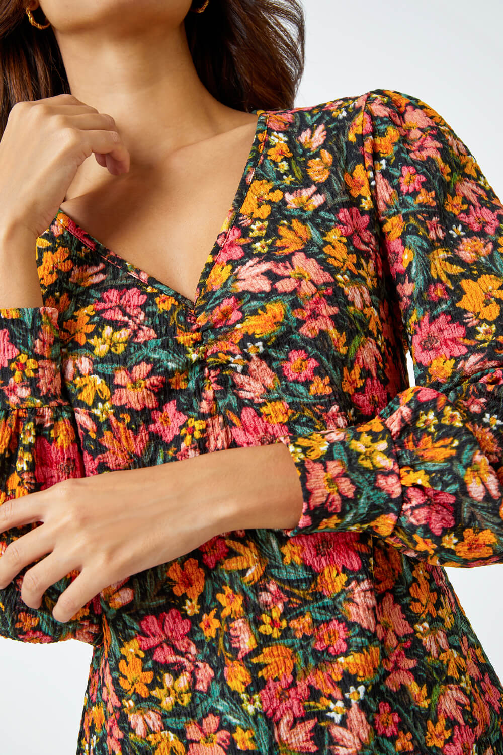 Textured Floral Print Ruched Top in Amber - Roman Originals UK