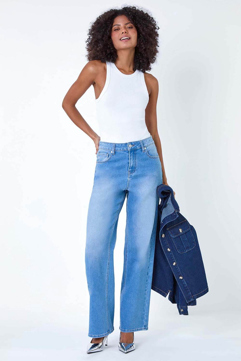 Blue Wide Leg Denim Jeans | Roman UK
