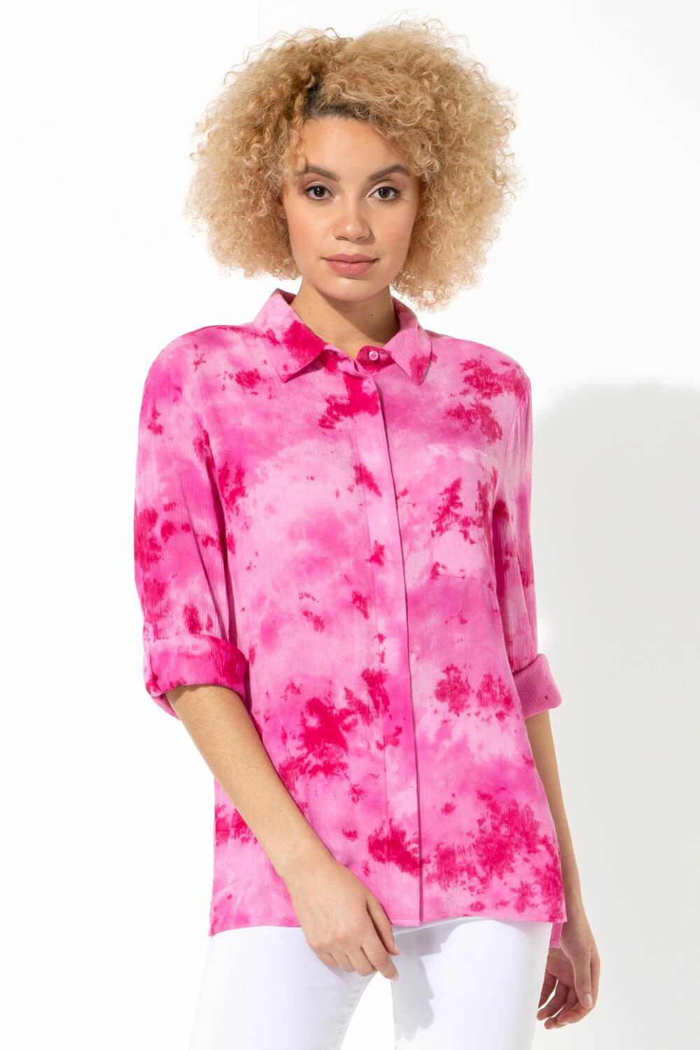 Tie Dye Roll Sleeve Shirt in Fuchsia - Roman Originals UK