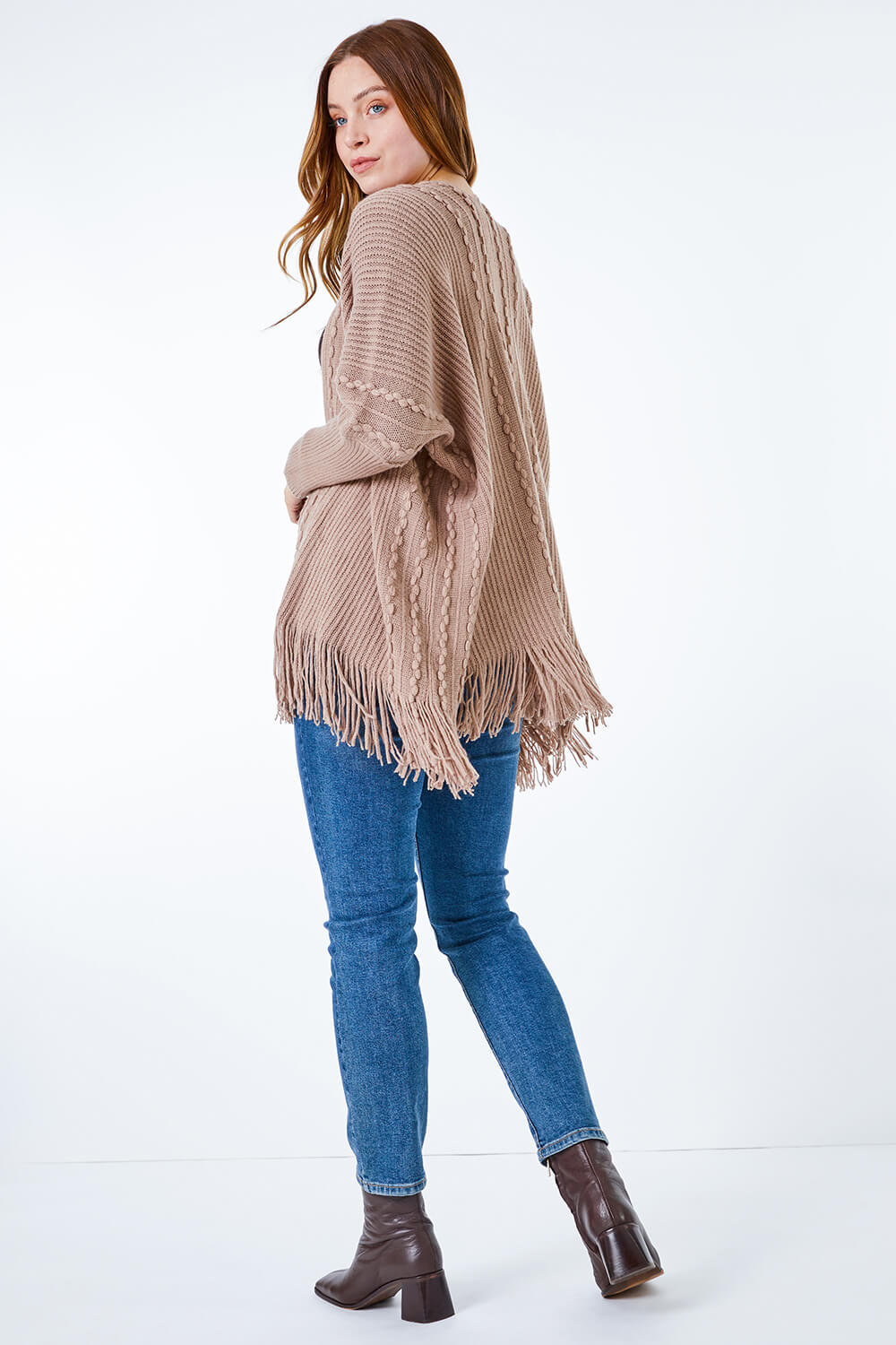 Textured Fringed Cardigan in Mocha - Roman Originals UK