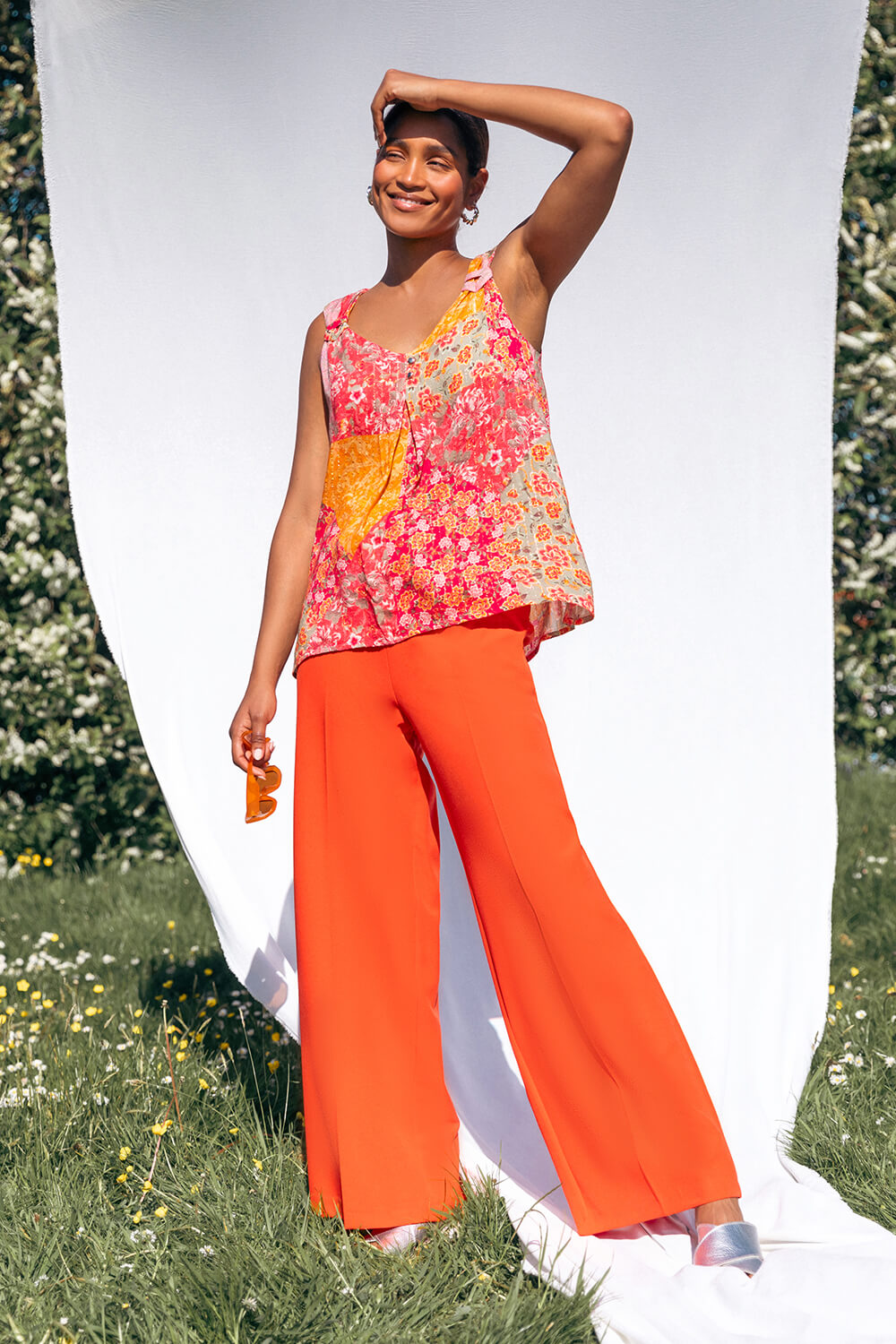 Red Patchwork Print Button Cami Top | Roman UK