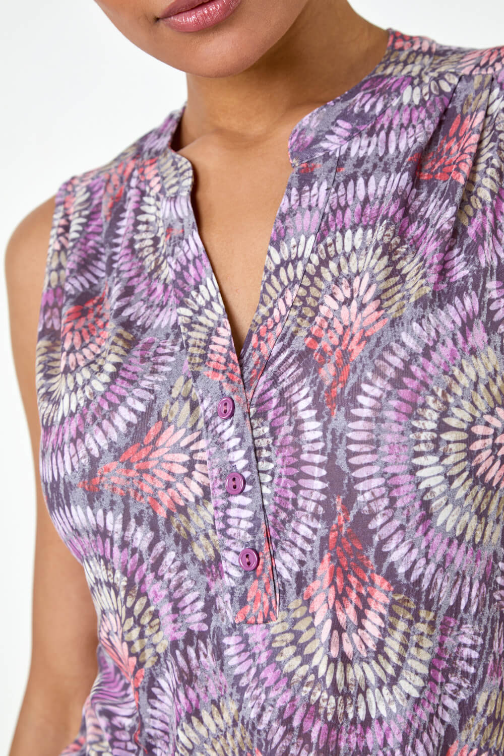 Purple Swirl Print Button Sleeveless Top | Roman UK