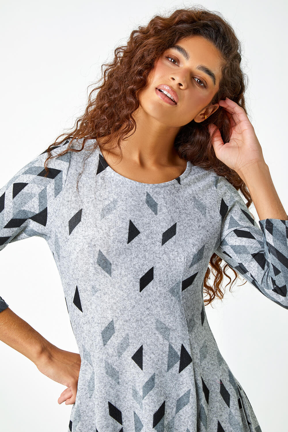Grey Geometric Print Panelled Stretch Dress | Roman UK