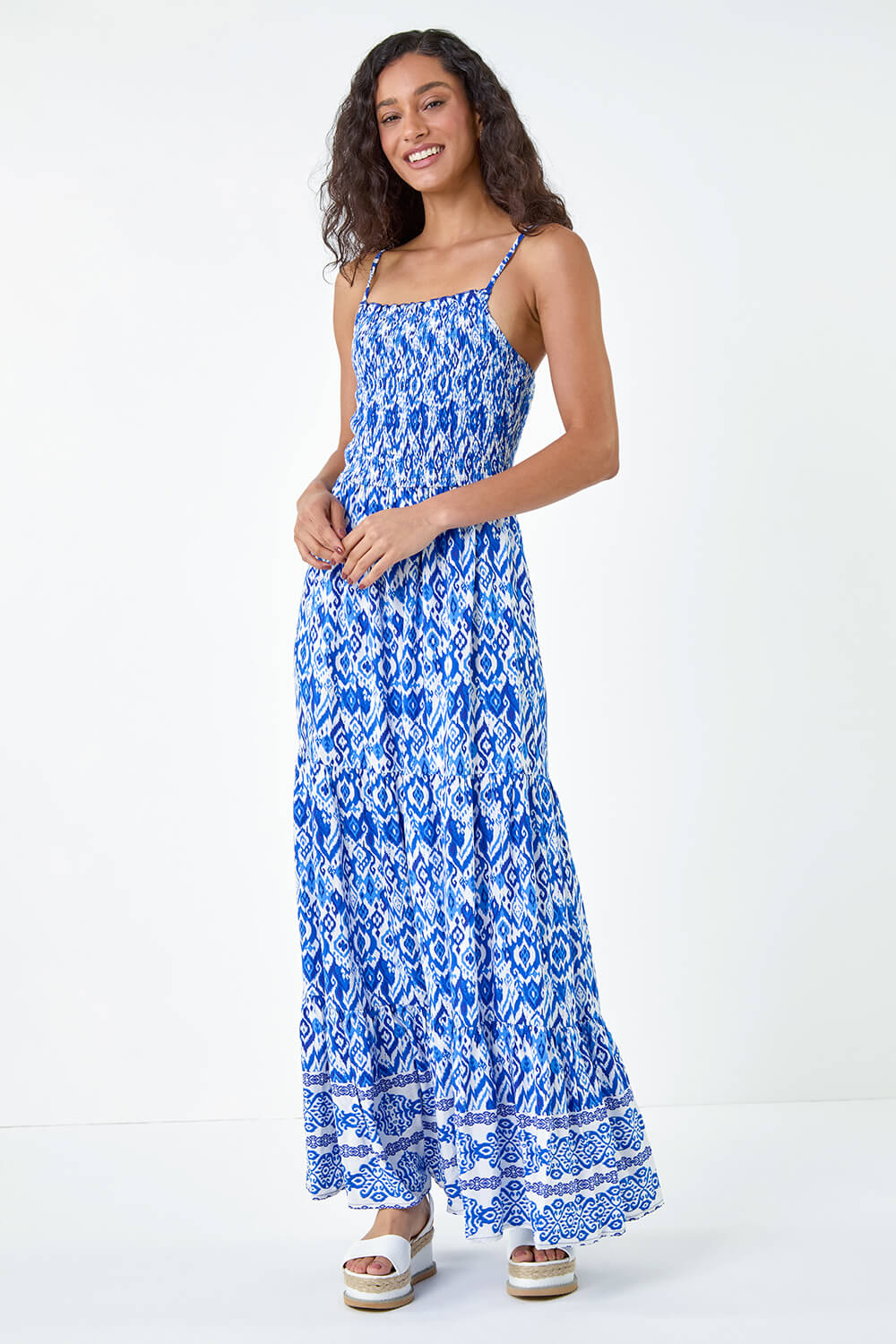 Blue Aztec Border Print Shirred Maxi Dress | Roman UK