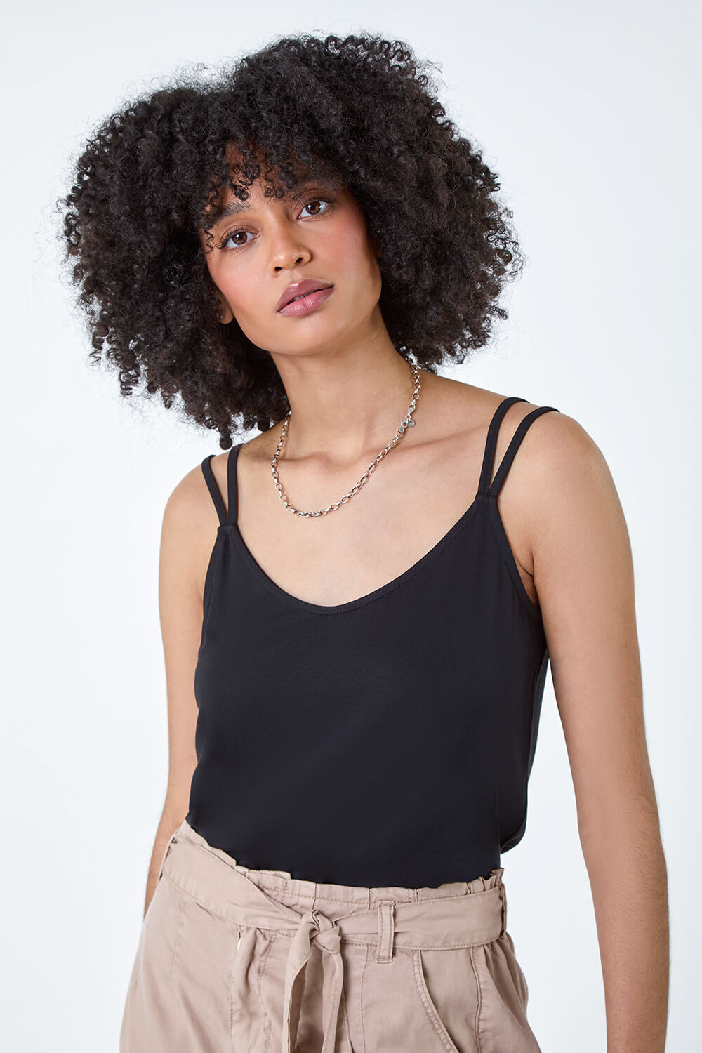Black Plain Double Strap Stretch Vest Top | Roman UK