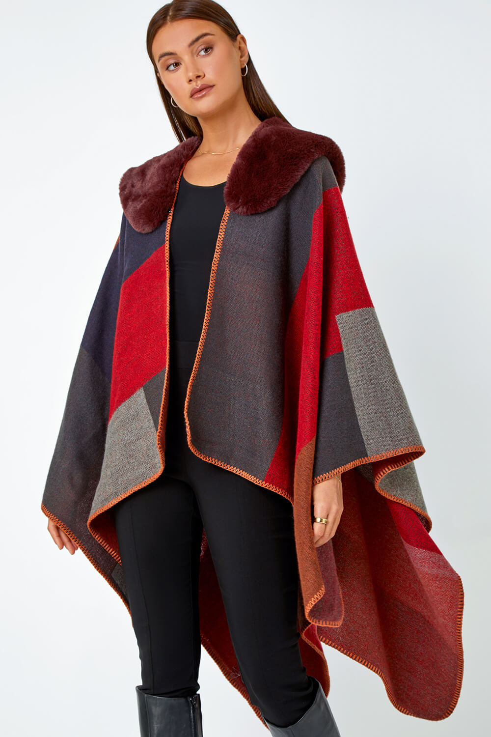 Red One Size Faux Fur Check Shawl | Roman UK