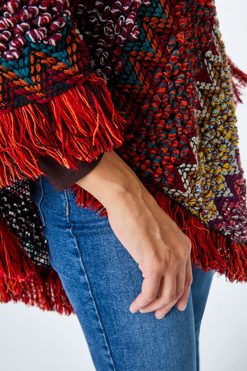 Boucle Tasseled Poncho in Red - Roman Originals UK