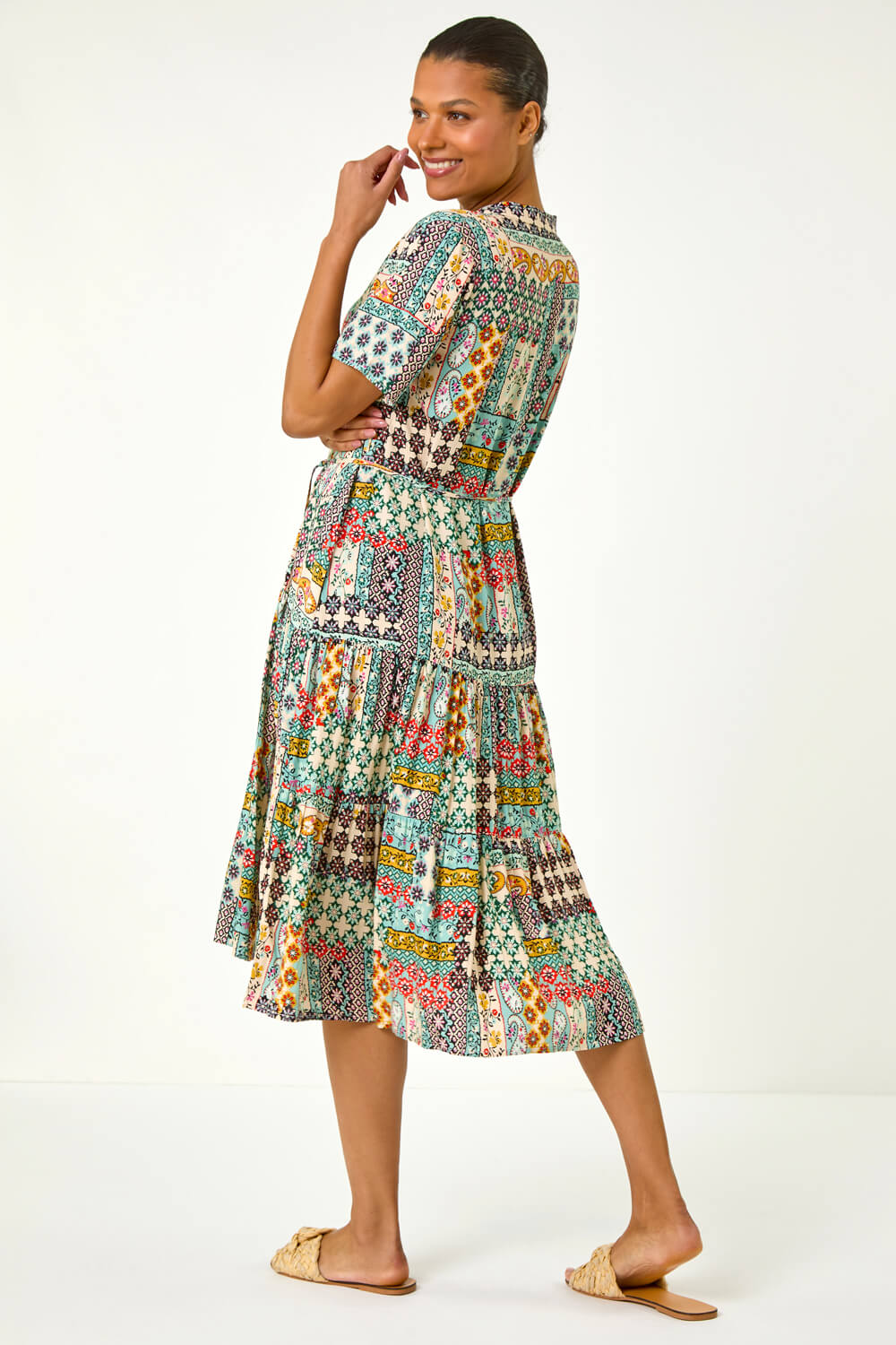 Multi Patchwork Print Pocket Tiered Shirt Dress | Roman UK
