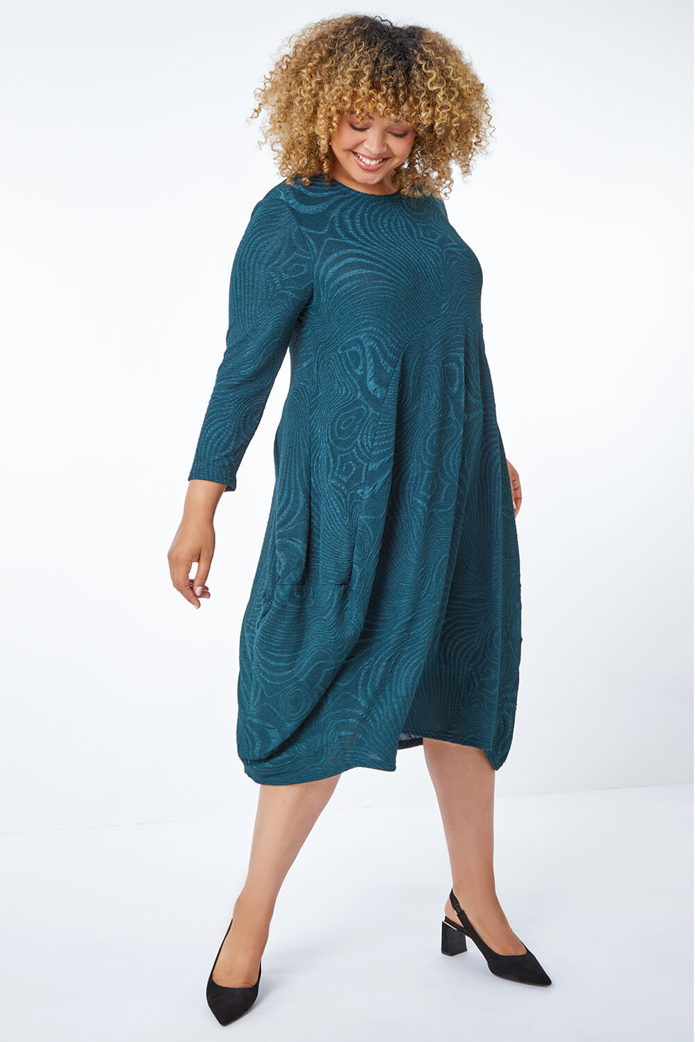 Curve Swirl Texture Cocoon Dress in Forest - Roman Originals UK