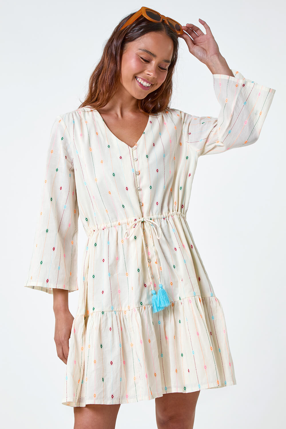 Ivory Petite Cotton Embroidered Smock Dress | Roman UK