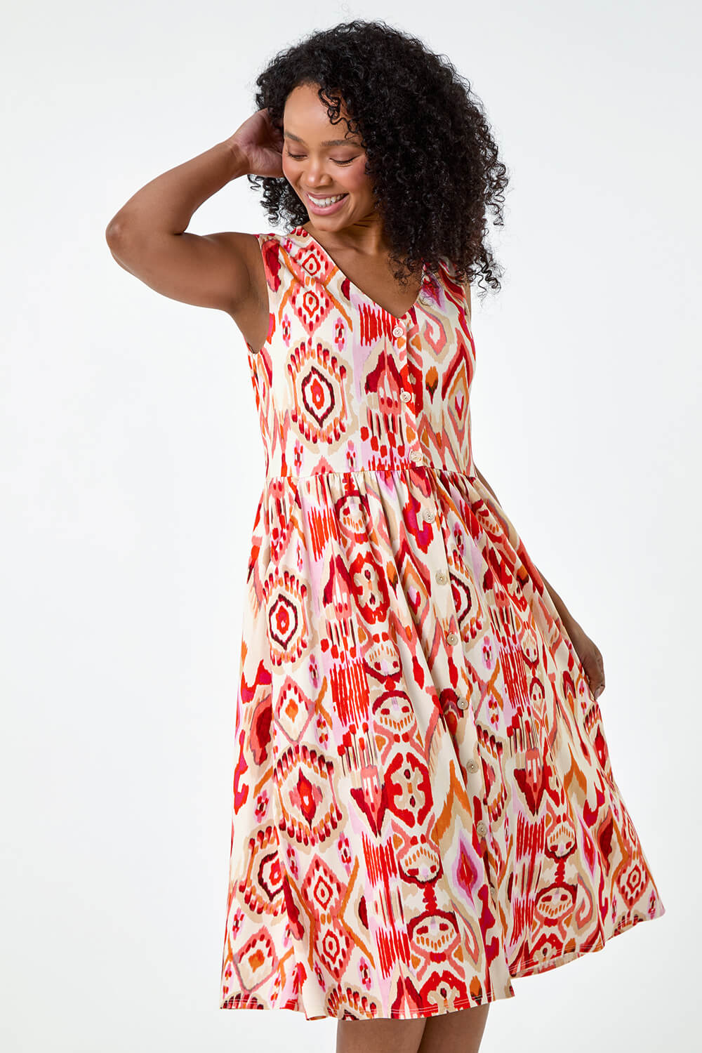 Orange Petite Aztec Button Stretch Midi Dress | Roman UK