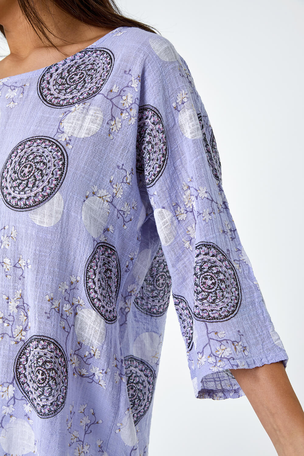 Lilac Floral Embroidered Cotton Tunic Top | Roman UK