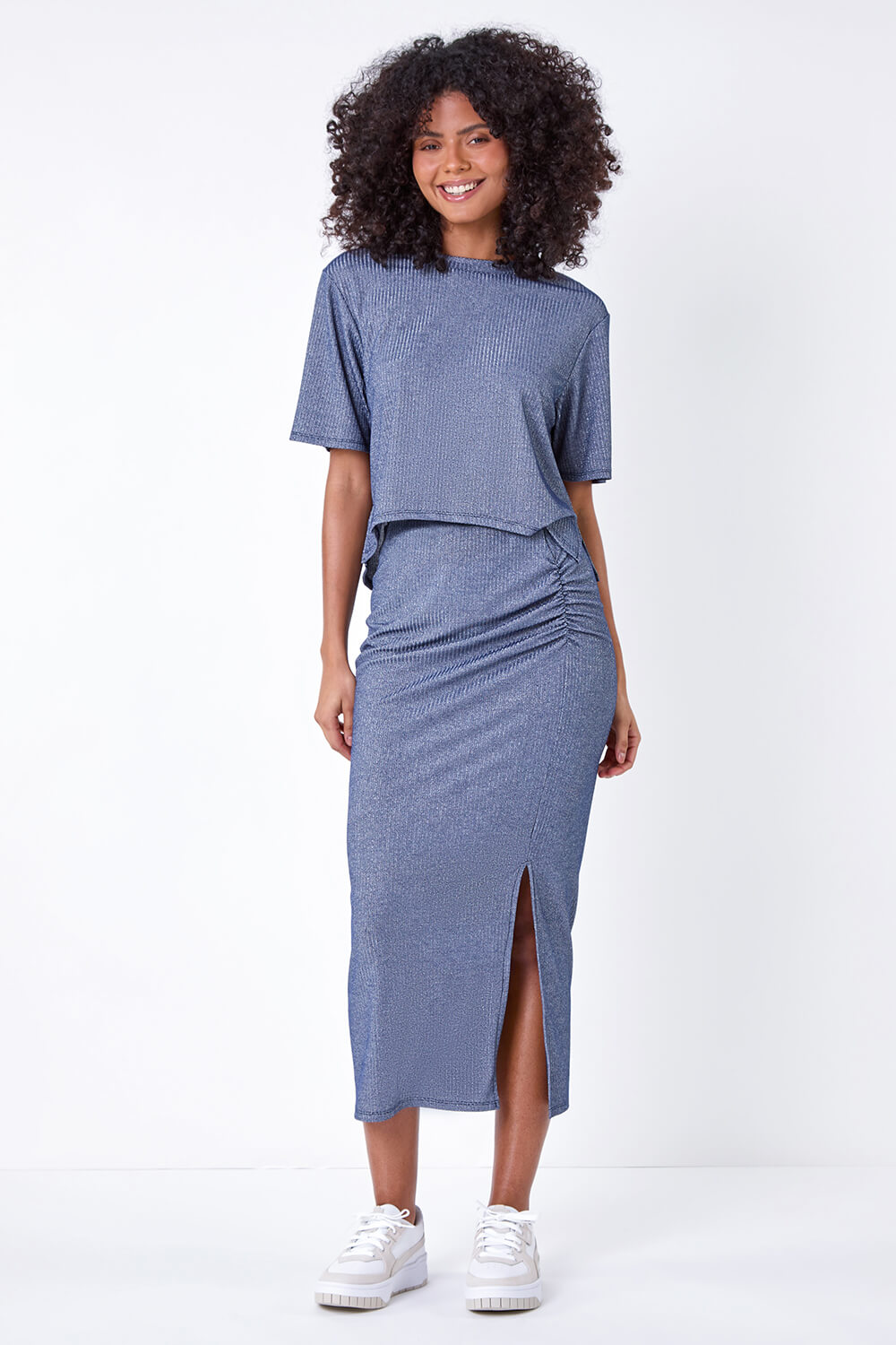 Steel Blue Metallic Shimmer Ribbed Stretch T-Shirt | Roman UK